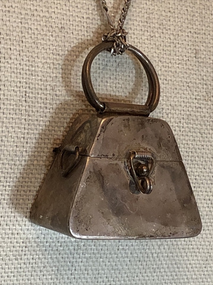 5. TAXCO 925 Sterling Figaro chain 3D PURSE Locket Pendant Necklace 24 ...