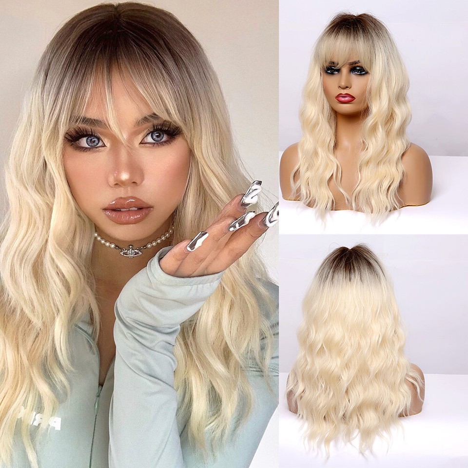 Platinum Blonde Hair Wigs with Bangs for Women Long Wavy Synthetic ...