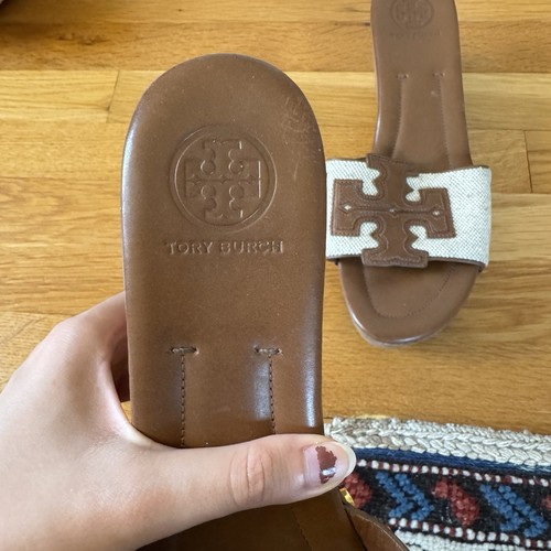 Tory Burch Patti Tan And Brown with Wooden Platform Wedge Slide Heels ...