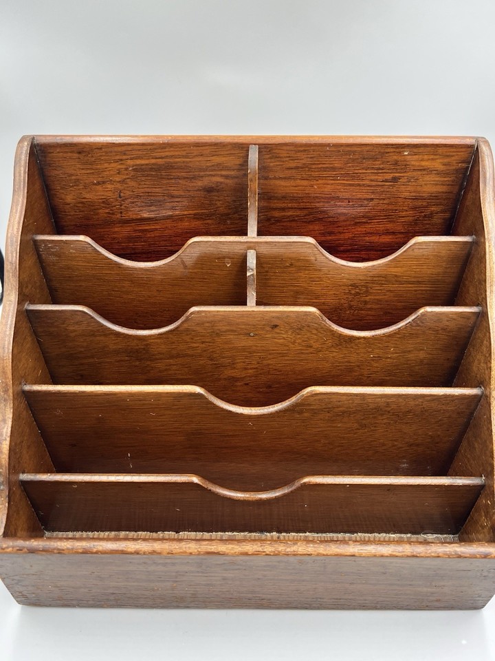 Vintage Oak Wood Letter Storage Rack Stationery Desk Top Tidy Waterfall ...