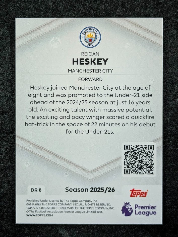 2025-26 Topps Premier League REIGAN HESKEY Diamond Rookie RC Manchester ...