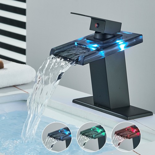 Black Bathroom Sink Faucet LED Waterfall Glass Spout Lavatory Vanity ...