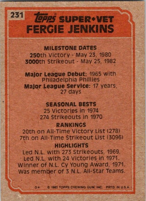 Fergie Jenkins 1983 Topps Chewing Gum #231 Chicago Cubs | eBay