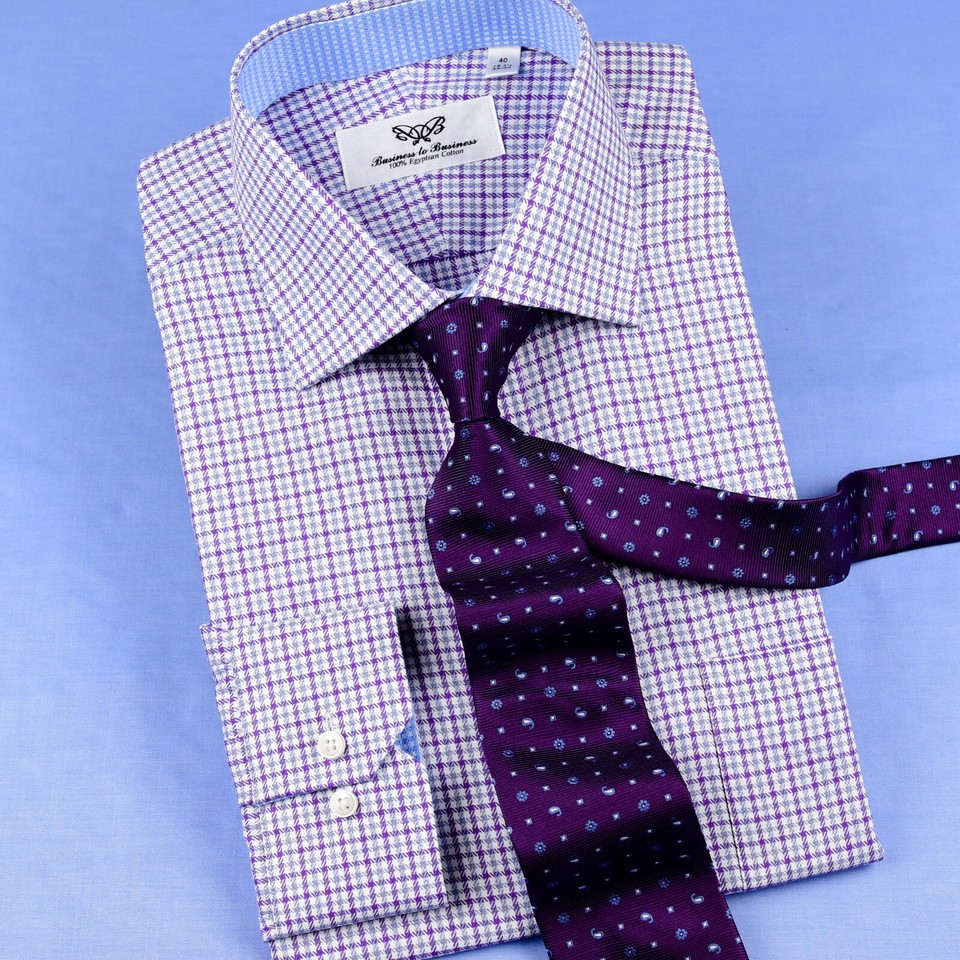 Mens Lilac Check Professional Formal Business Shirts With Elegant Inner ...