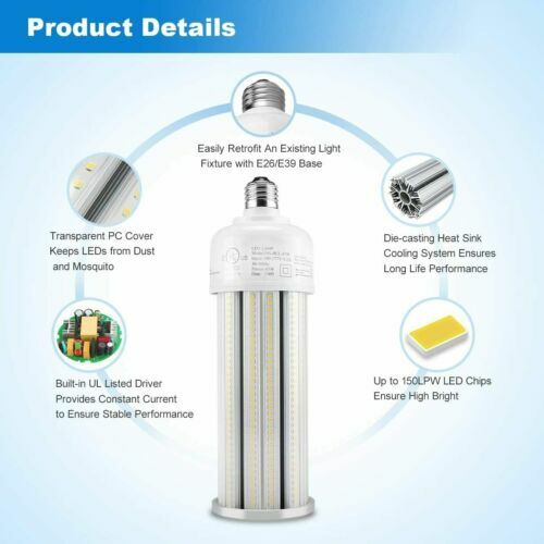 54W LED Corn Bulb Daylight 5000K E39 Base Barn Basement Garden Retrofit ...