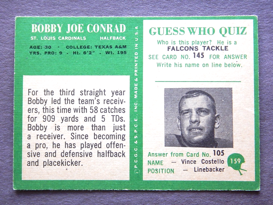 Bobby Joe Conrad #159 Philadelphia 1966 Football Card (St Louis ...
