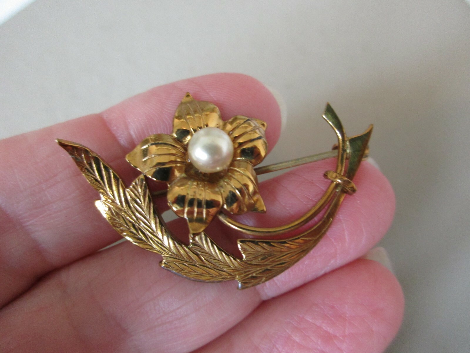 VINTAGE GOLD FILLED TLM THOMAS L MOTT SIGNED FLOWER PEARL BEAD BROOCH ...