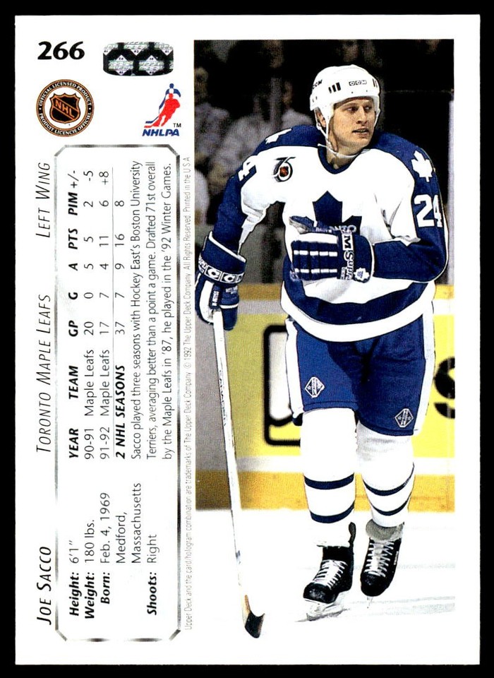1992-93 Upper Deck #266 Joe Sacco Toronto Maple Leafs Hockey Card | eBay