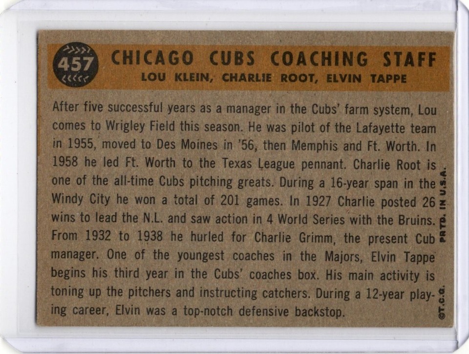1960 Topps #457 Cubs Coaches/Charlie Root/Lou Klein/Elvin Tappe | eBay