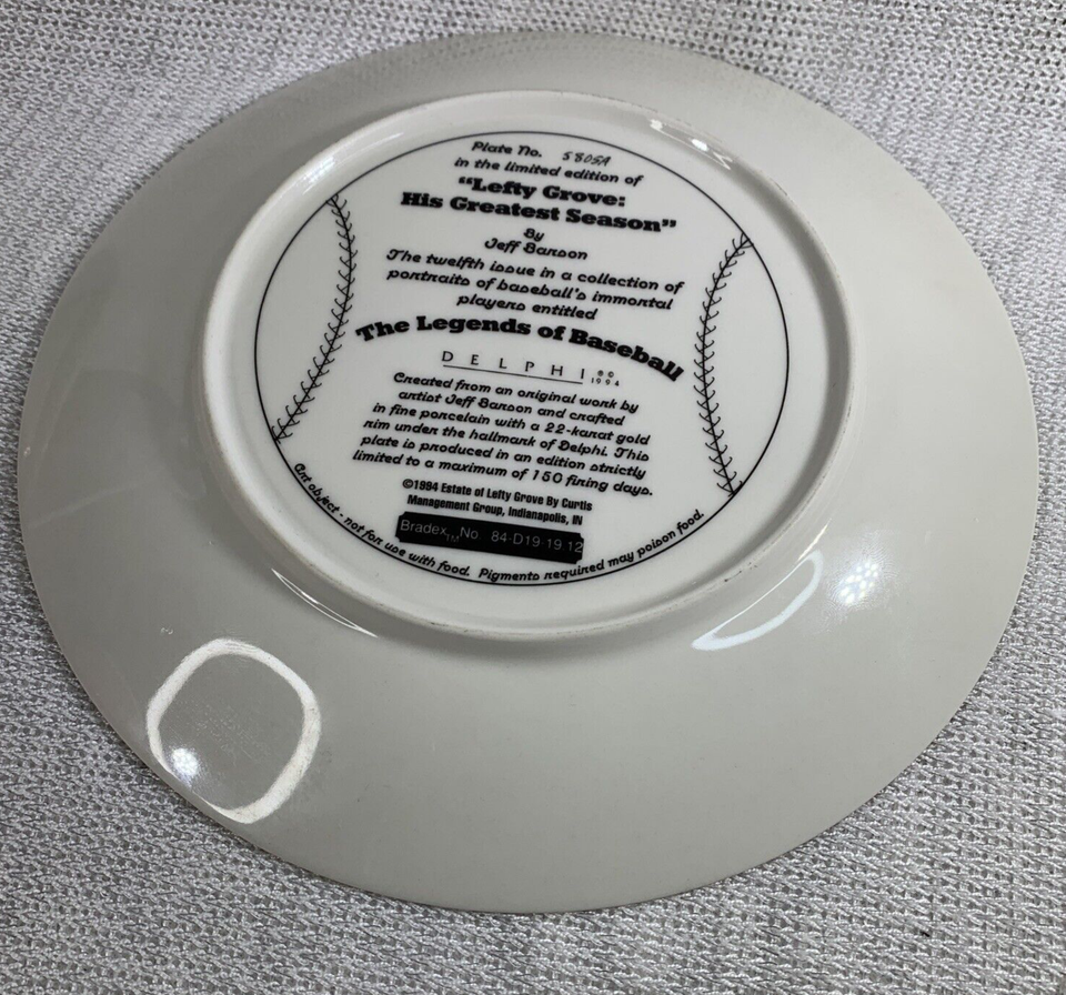 The Legends of Baseball "LEFTY GROVE: HIS GREATEST SEASON" Plate by ...