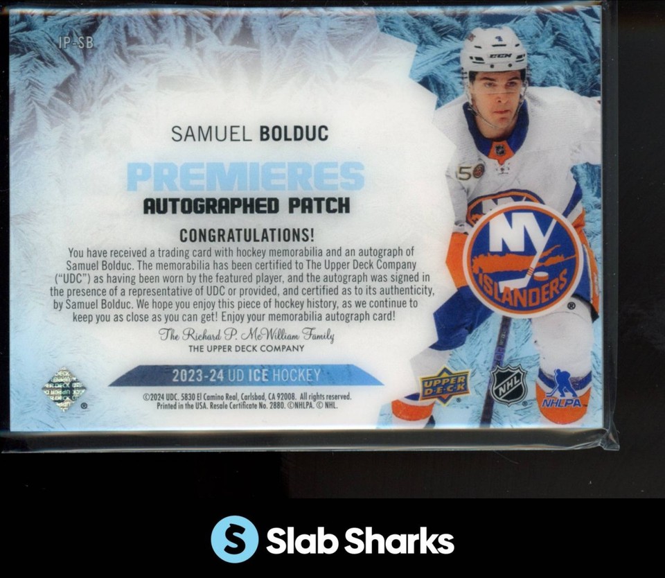 2023 UPPER DECK ICE #IP-SB SAMUEL BOLDUC PREMIERES AUTO PATCH MEM RC ...