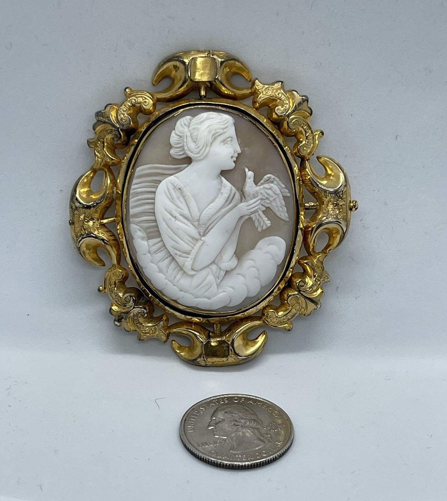 Antique Victorian Large Gold Filled Aphrodite & Dove Carved Shell CAMEO ...