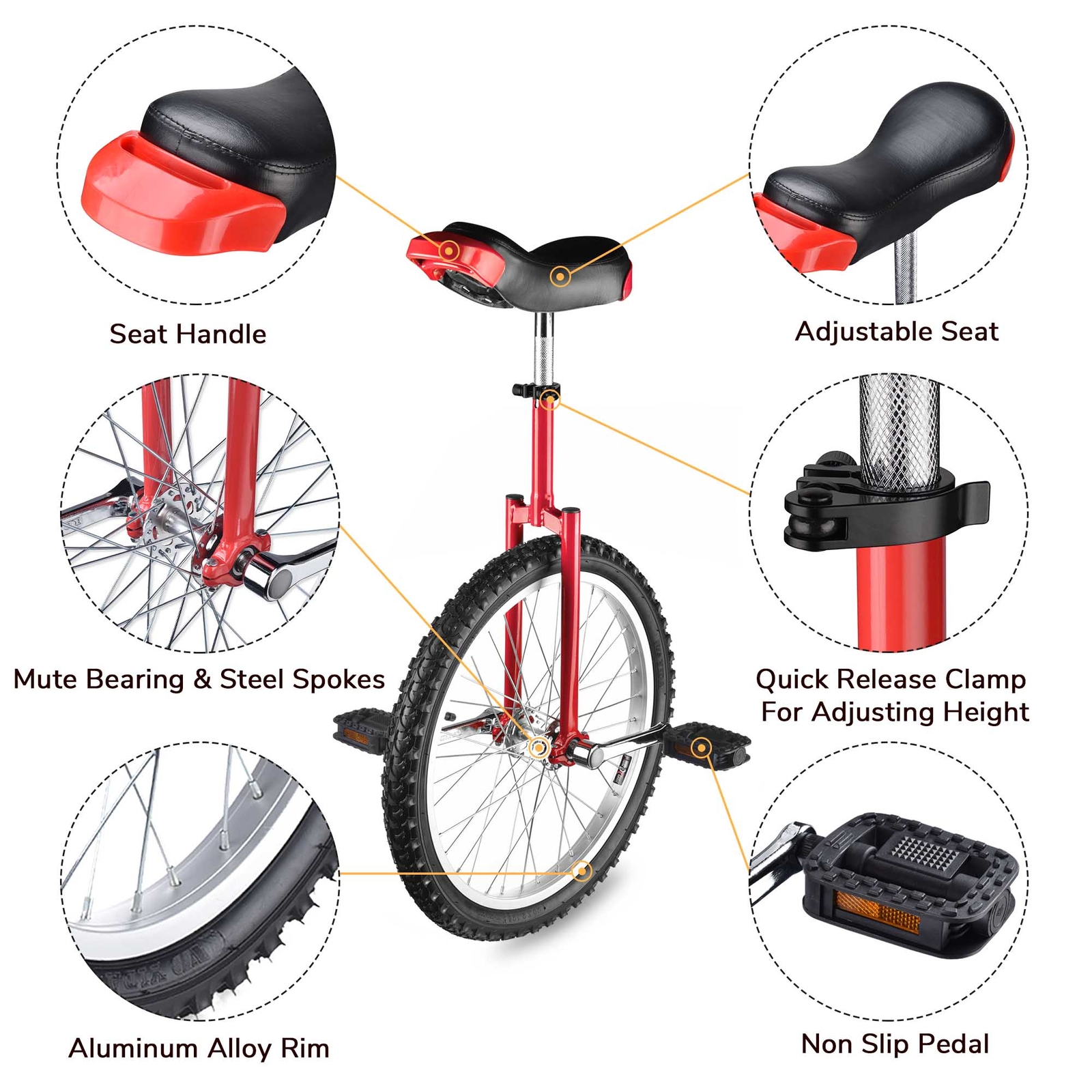 20 Inch Red Unicycle Adjustable Height Leakproof Mountain Tire Cycling ...
