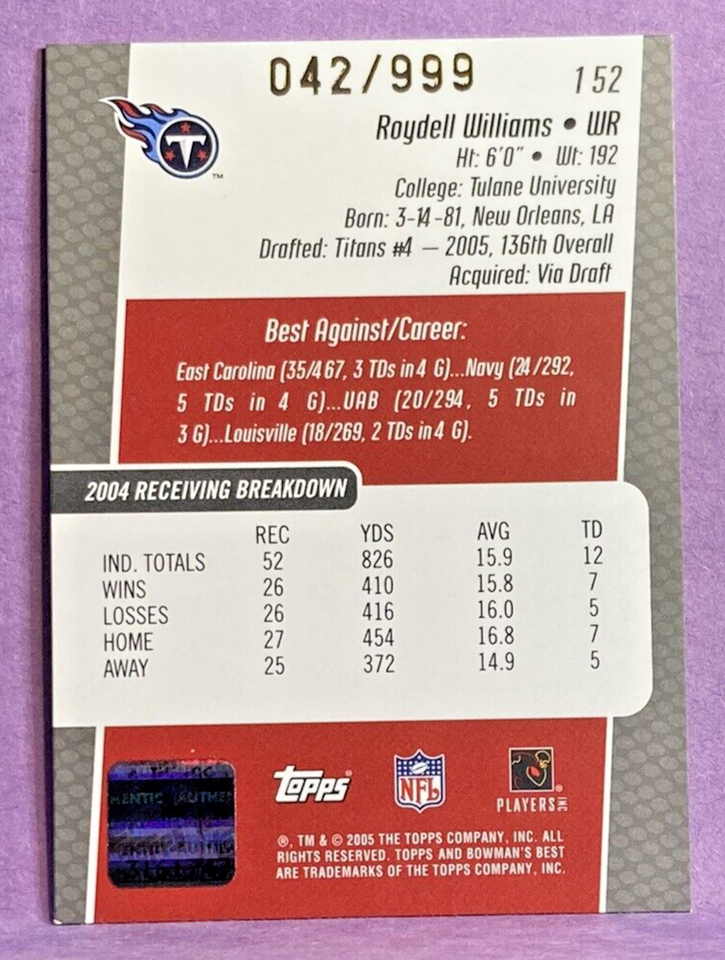 2005 Bowmans Best ROYDELL WILLIAMS Rookie Autograph /999 Card #152 ...
