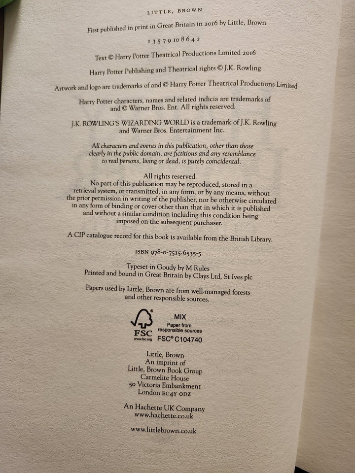 Harry Potter and the Cursed Child – UK 1st Edition / 1st Printing ...