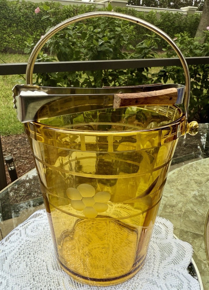 Fostoria Amber Glass Ice Bucket & Original Ice Tongs Etched Depression ...