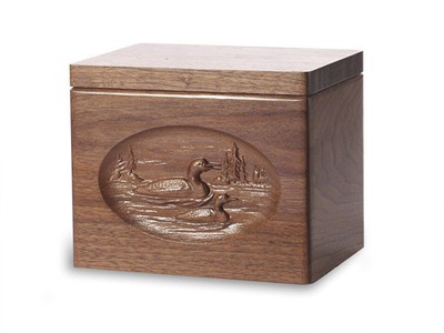 Wood Cremation Urn. Standard model with Dark Walnut and a Loons Image ...