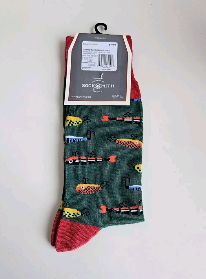Socksmith Men's Crew Socks Just Fishing Lures Bait Green & Red Novelty Footwear | eBay