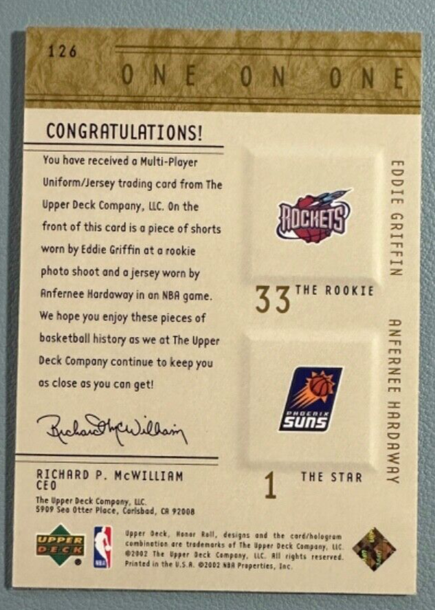 2001-02 UD Honor Roll Dual Memorabilia ANFERNEE HARDAWAY EDDIE GRIFFIN ...