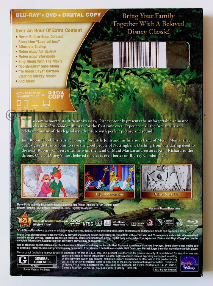 Disney Classic Robin Hood 40th Anniversary DVD Blu-ray Digital Copy w ...
