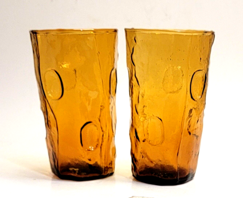 2 Vtg Decatur Thumbprint Amber/Gold Texglass Tumbler Glasses MCM 5⅜ ...