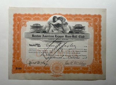 1913 Boston Red Sox Stock Certificate Signed By Joseph Lannin Jimmy ...