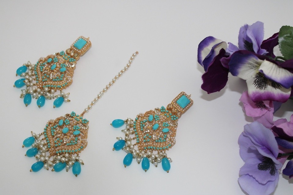 Indian Pakistani Fashion Jewelry Naurattan Tikka Earring Set Pearls ...