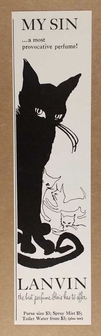 1965 Lanvin My Sin Perfume cat kittens art vintage print Ad | eBay