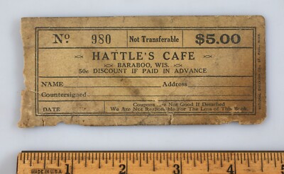 Vintage 1930s Hattle's Cafe Baraboo Wisconsin $5.00 Coupon Voucher | eBay