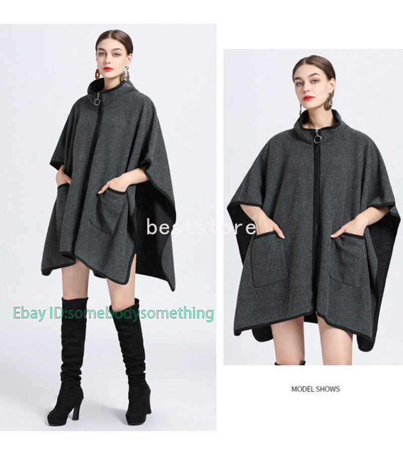 Zipper Women's Cape Oversized Cloak Faux Woolen Stand Collar Coat ...