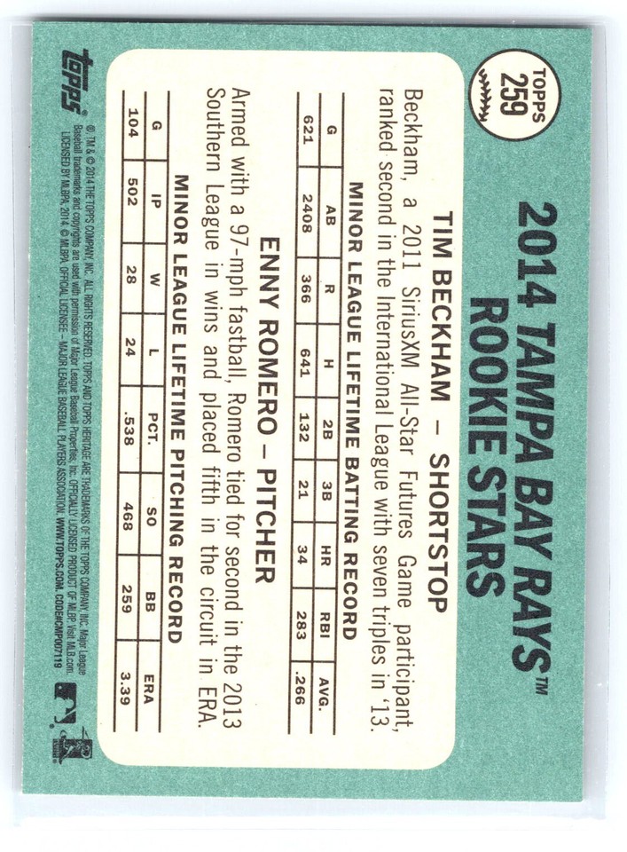 Rays Rookie Stars (Tim Beckham / Enny Romero) 2014 Topps Heritage #259 ...