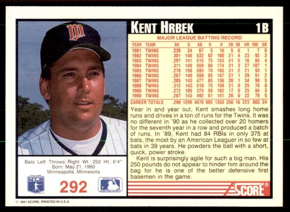 1991 Score Kent Hrbek Minnesota Twins #292 | eBay