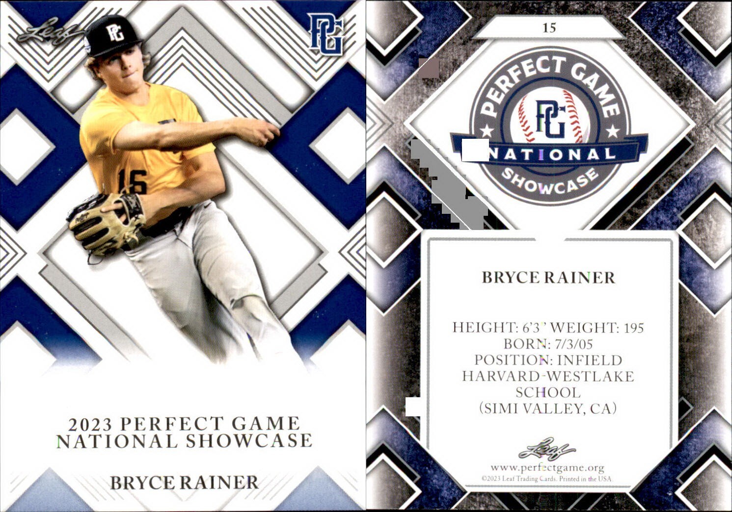 BRYCE RAINER Rookie 2023 Leaf "Perfect Game National Showcase" BLUE PR ...