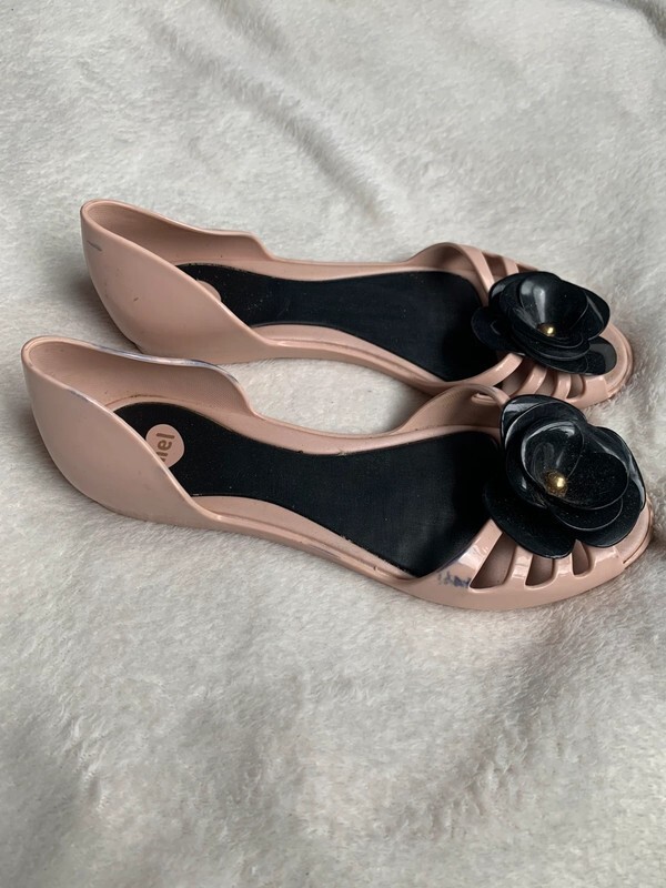 light pink mel dreamed by melissa peep toe ballerinas shoes with black ...