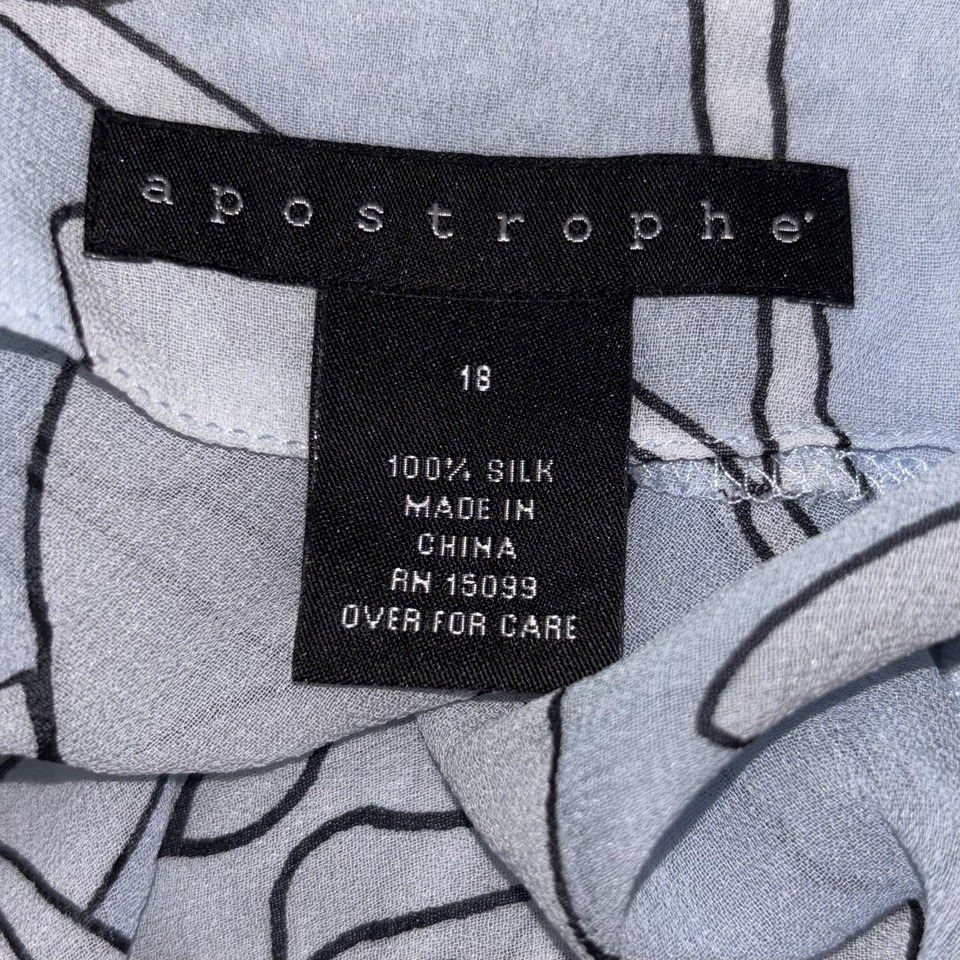 Apostrophe 100% Silk Blue Floral Button Down Tie Neck Blouse Women’s Sz ...