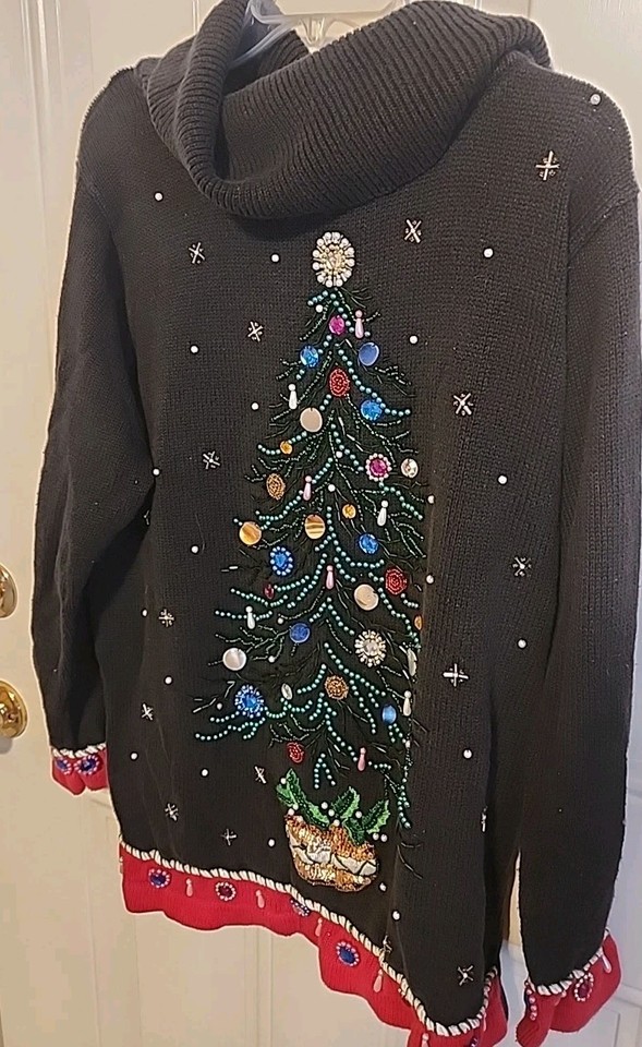 B.P. Design Women’s XL Ugly Christmas Sweater Black Beaded Tree Cowl ...