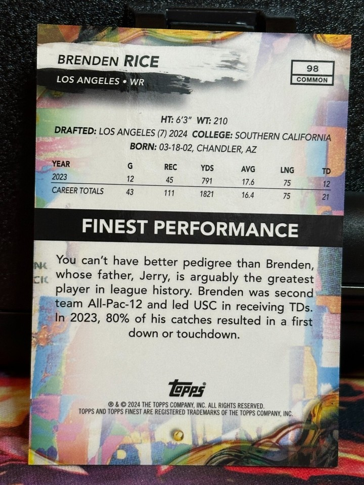 2024 TOPPS FINEST BRENDEN RICE BLACK ROOKIE CARD 13/25 UNREAL!!! CLEAN ...