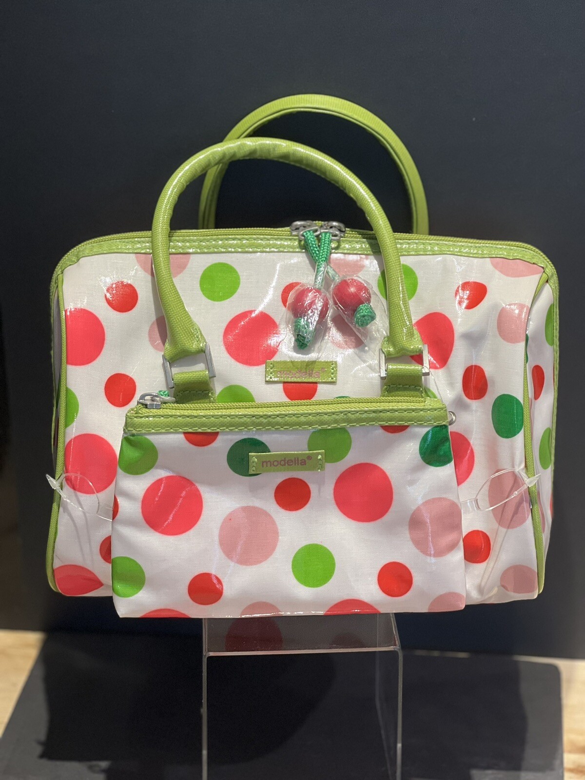 New Modella 2 Piece Set Makeup / Cosmetic Bag - Pink & Green Polka Dot ...