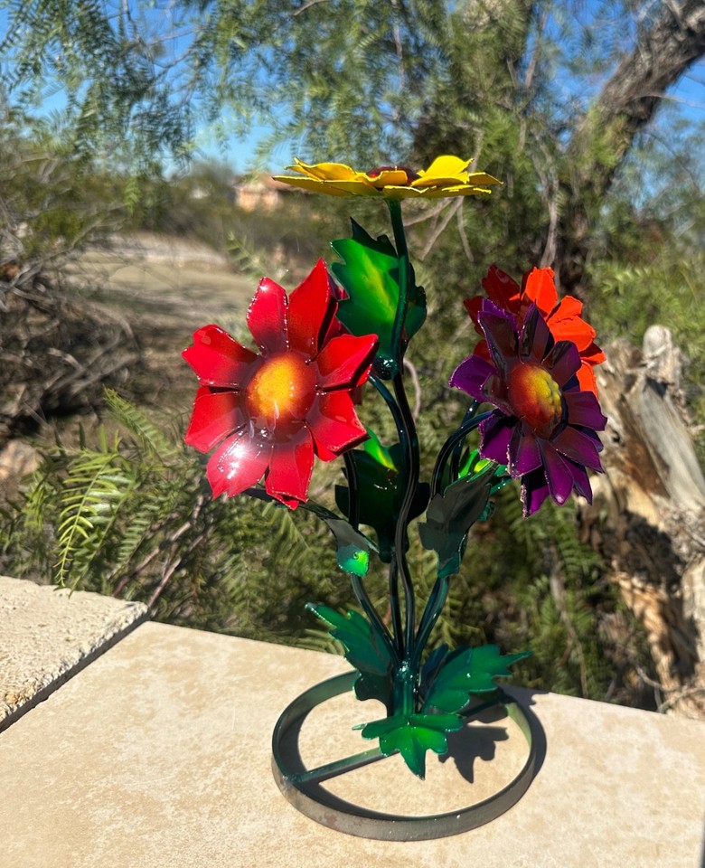 Handcrafted Rustic MINI Metal Flower Bouquet Vibrant Yard Art Flowers ...