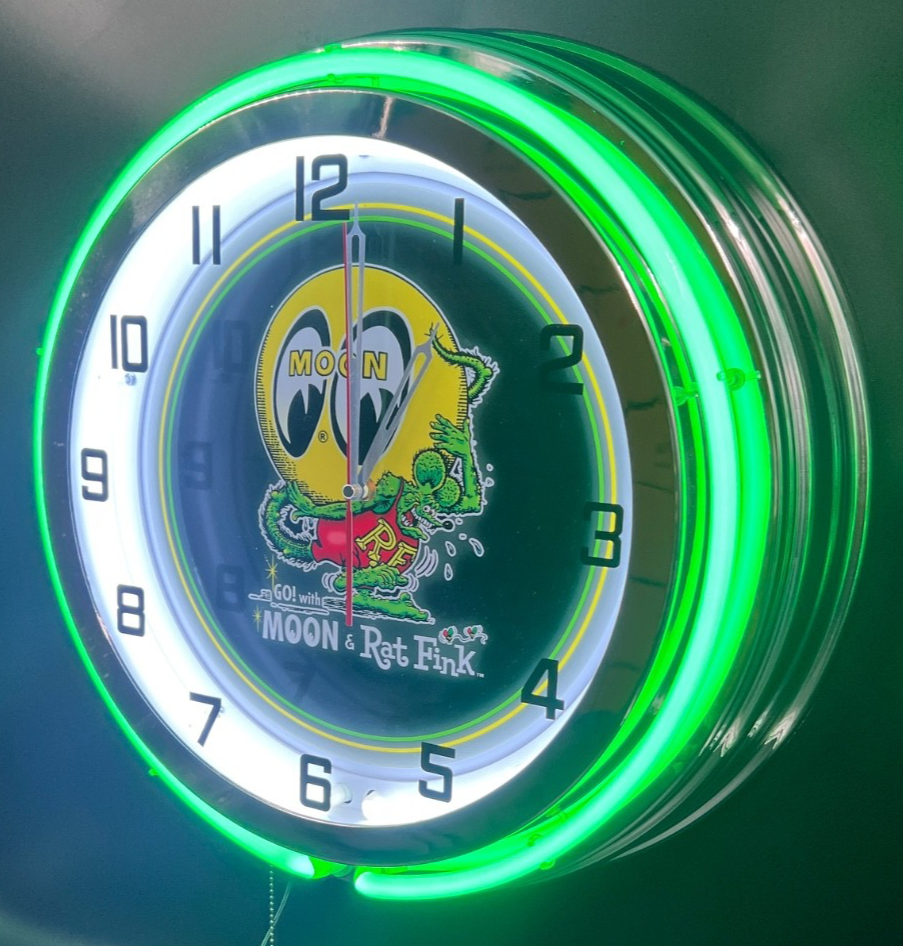19" Rat Fink Moon Sign Green Double Neon Clock Go With Moon & Rat Fink ...