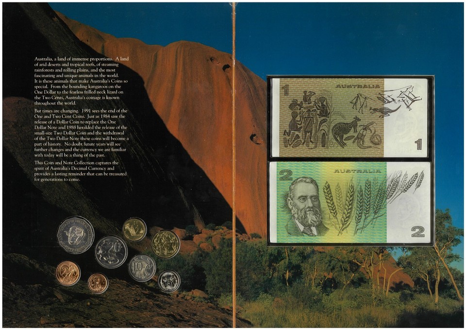 1989-91 Australian Coin and Note Pack $1 DKL 268643 / $2 LFC 809092 ...