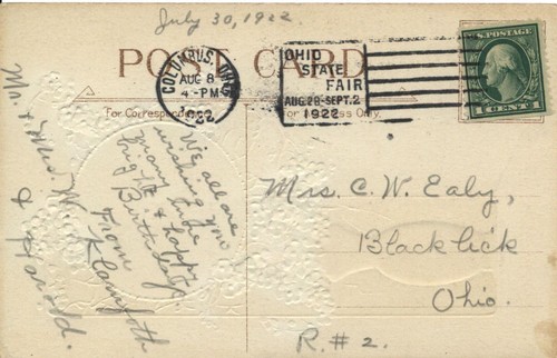 BIRTHDAY blue flowers vase glitter applied ~ 1922 Ohio State Fair ...