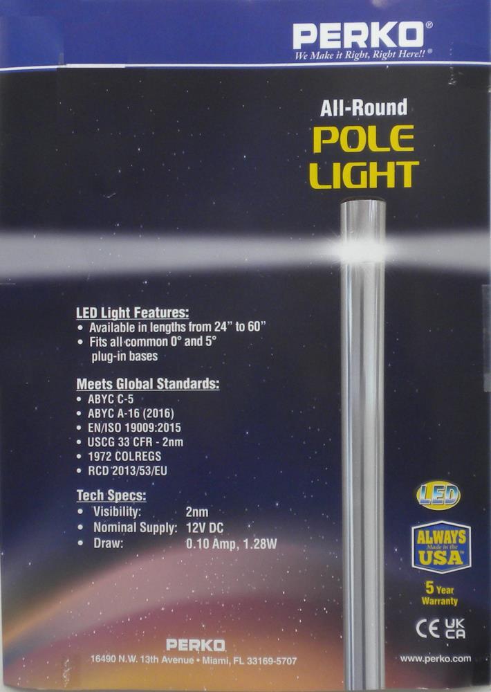 Perko 1444DP6ALU Aluminum LED Stern Light 48" Fits 2 Pin Light Bases ...