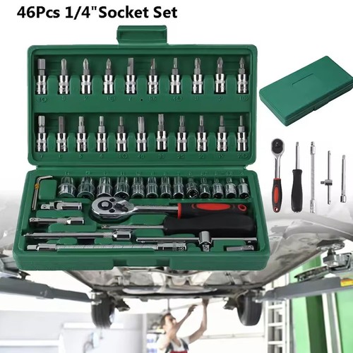 46Pcs Socket Wrench Set 1/4" Drive Ratchet Metric Kit Garage Car Repair ...