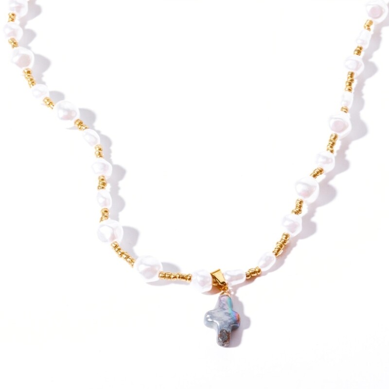 Stylish Crosses Pendant Necklace Elegant Pearls Beaded Neck Chain for ...