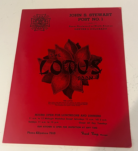 Vintage 1950s Menu The Lotus Room Restaurant Denver 9th & Speer Blvd | eBay