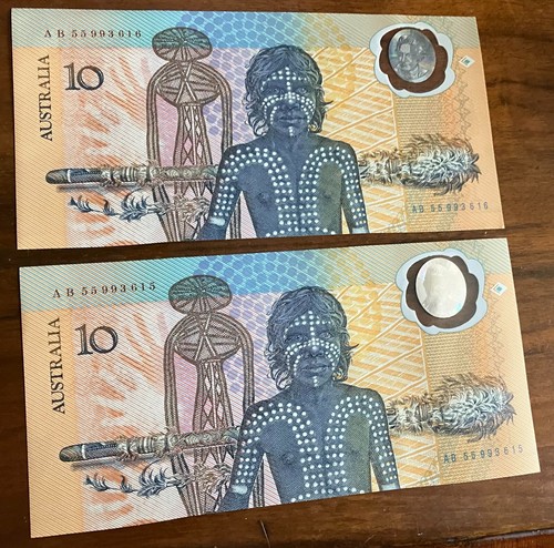 AUSTRALIA 1988 BICENTENNIAL $10 BANKNOTES UNCIRCULATED. 2 NOTES RUNNING ...