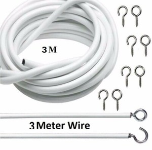 3m Net Curtain Wire White Window Cord Cable Voile Rod Panel & HOOKS 3 ...