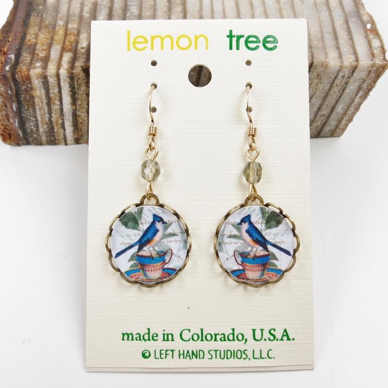 Blue Jay Tea Cup Lace Brass Round Disc Earrings Lemon Tree 14K GF Hook ...