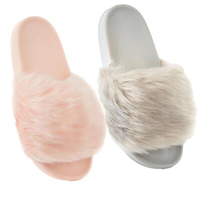 Womens Fluffy Fur Slipper Open Toe Slip-On Fashion Sliders for Ladies ...
